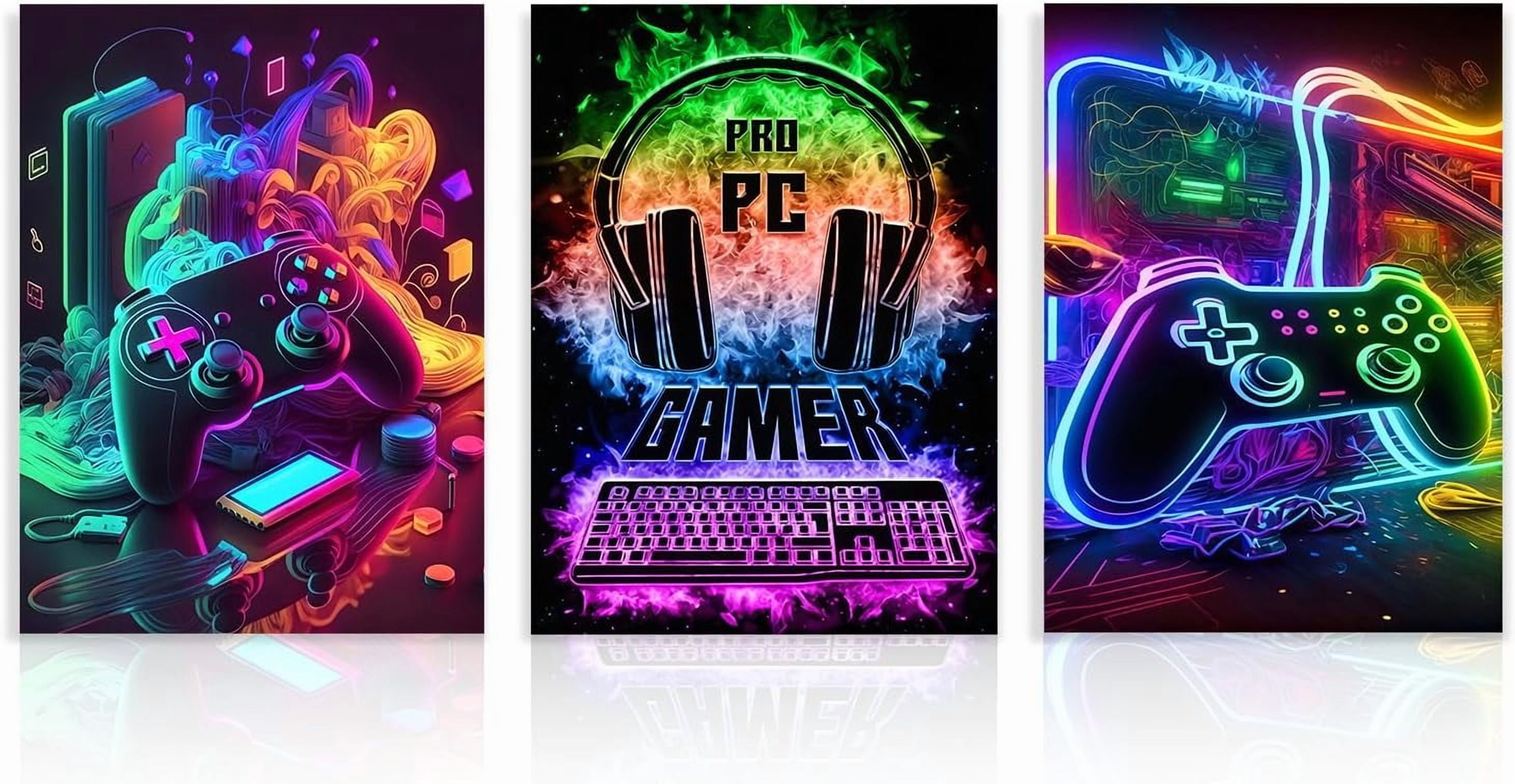 3Pcs Game Wall Art Prints Cool Neon Gaming Posters for Teen Boys Room ...