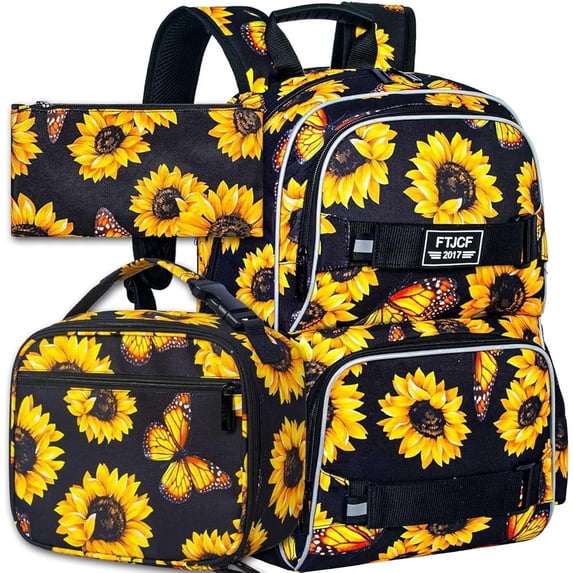 3Pcs Girls Backpack, 17 Inch Sunflower School Bookbag with Lunch Box ...