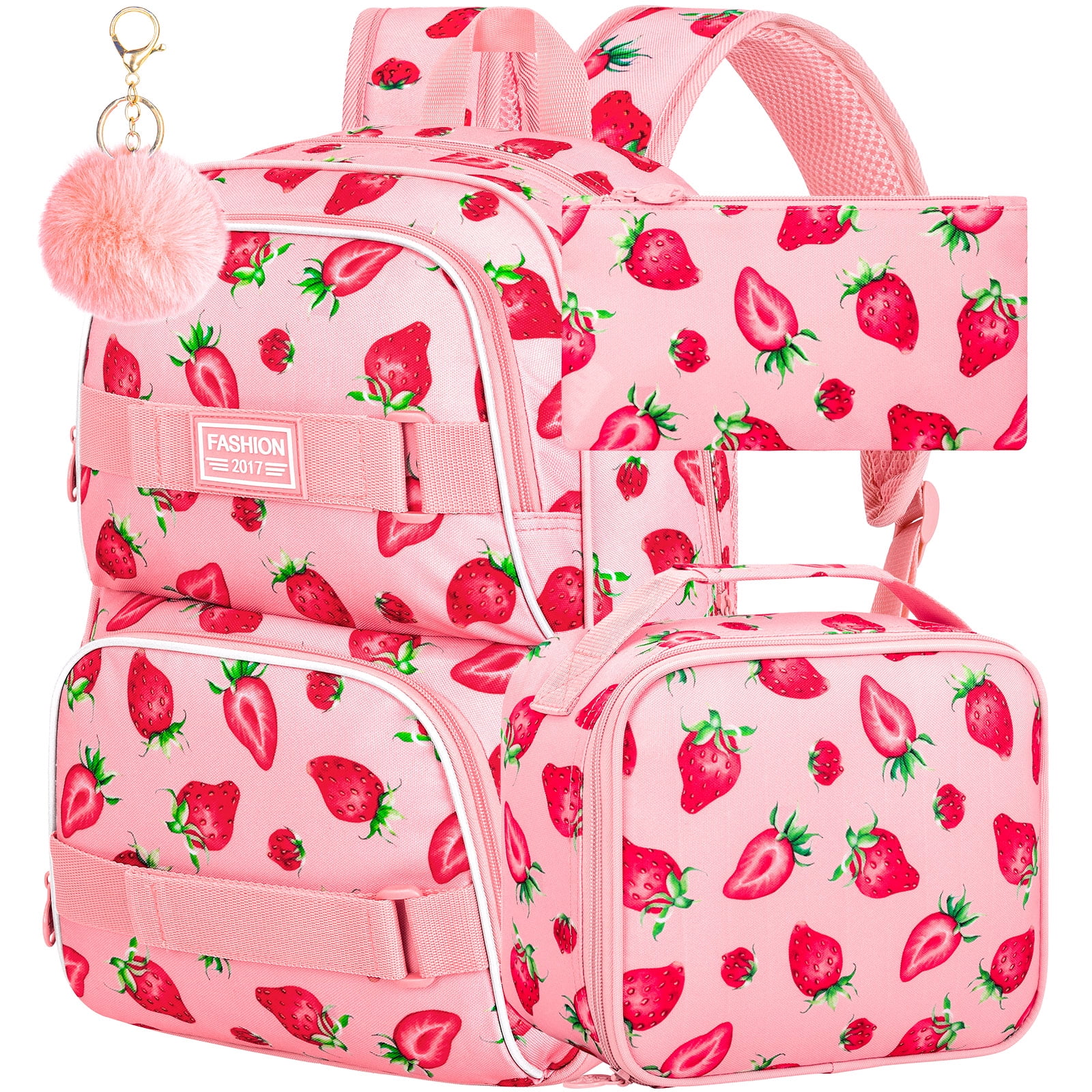 3Pcs Girls Backpack, 17 Inches Strawberry School Bookbag Set for Teens ...