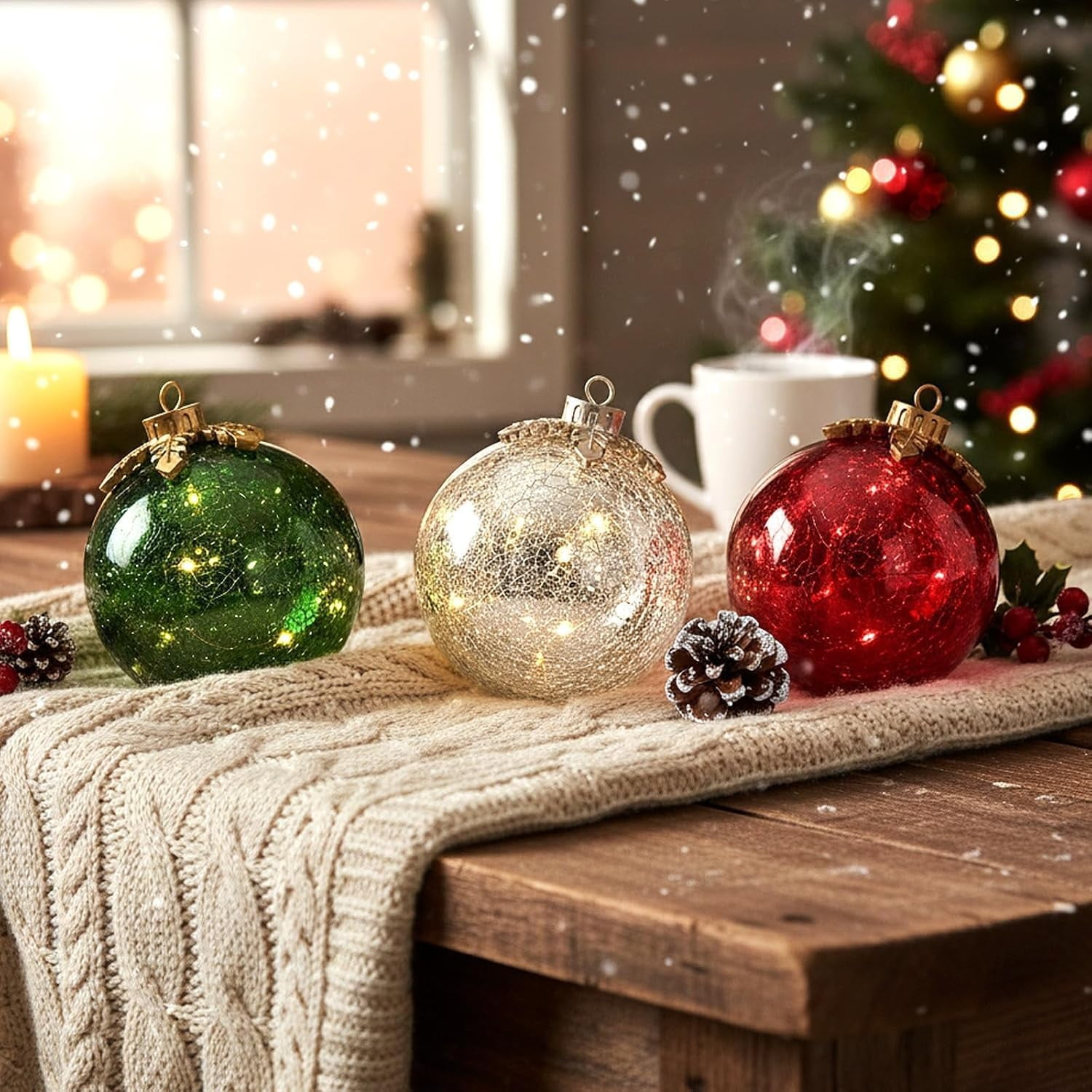 3Pcs Glass Tabletop Christmas Ornaments, Globe LED Lamp Battery ...