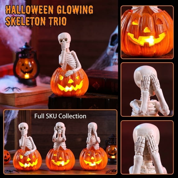 3Pcs Glowing Halloween Pumpkin & Skull Decor Set – Resin LED Ornaments ...
