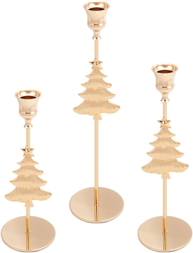 3Pcs Gold Christmas Tree Candlestick Holders 3 Sizes Metal Candle ...