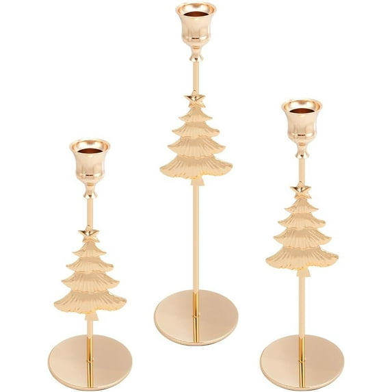 3Pcs Gold Christmas Tree Candlestick Holders 3 Sizes Metal Candle ...