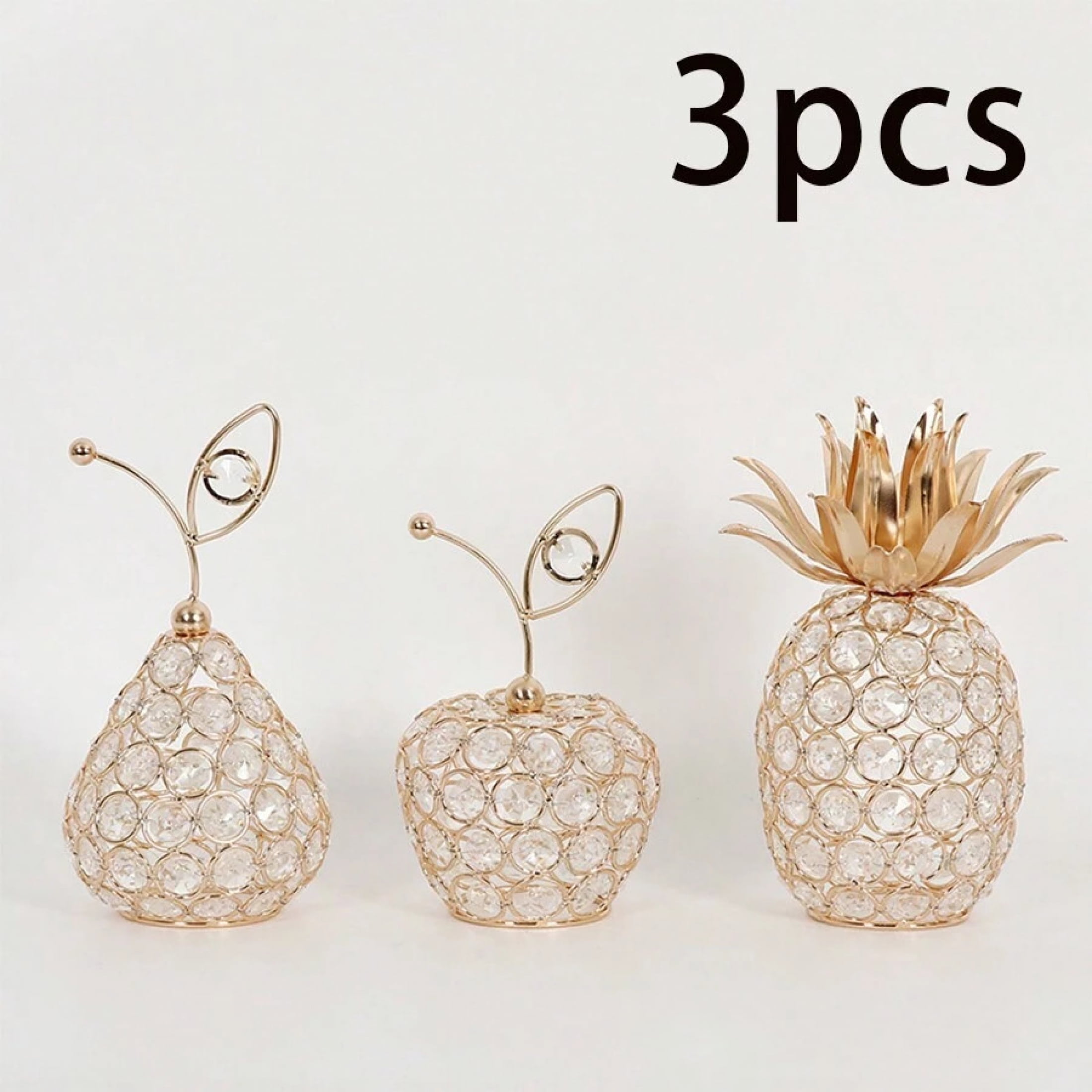3Pcs Gold Crystal Fruit Decor Set - Handmade Apple, Pear, Pineapple ...