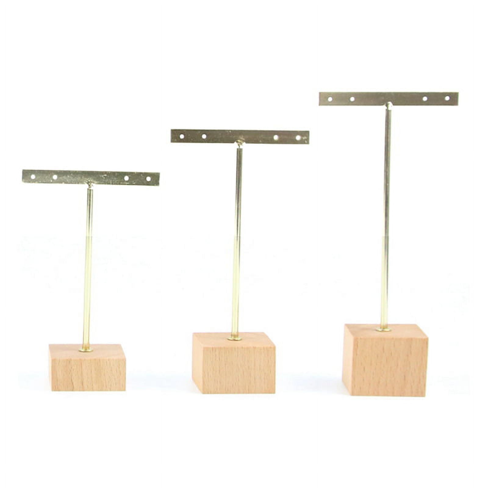 3Pcs Gold Metal T Bar Earring Display Stand with Wooden Square Base 4 ...