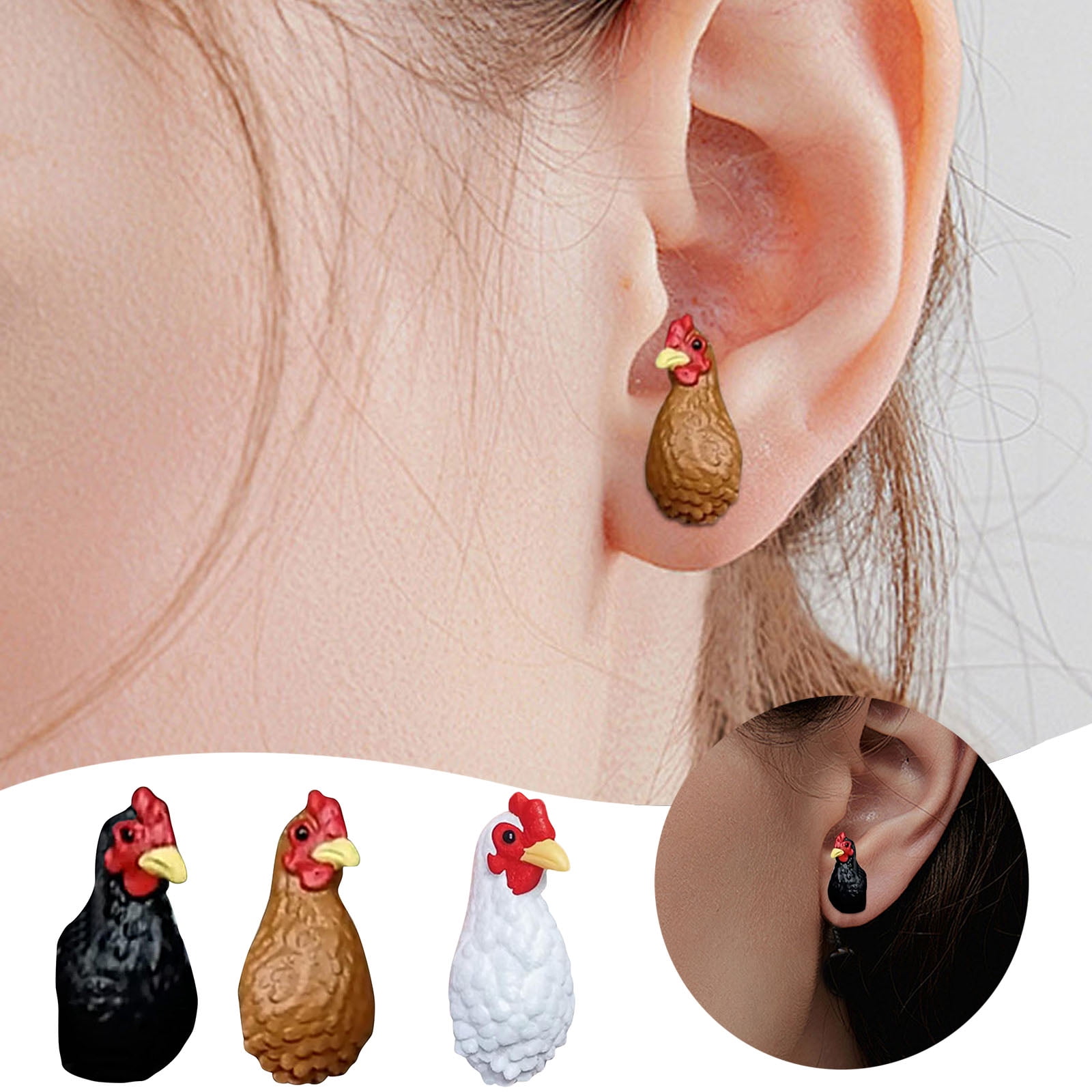 3Pcs Hand Painted Chicken Earrings - Realistic Mini Chicken Studs, Hypoallergenic Resin Hen ...