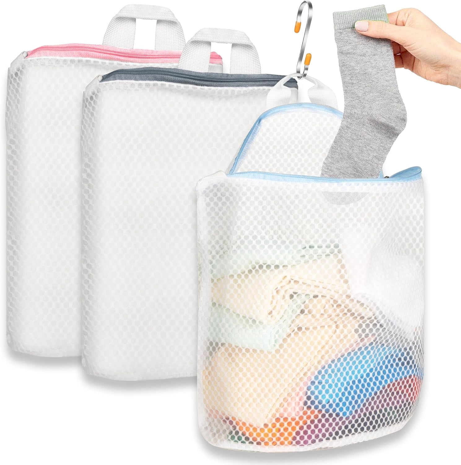 3Pcs Hanging Laundry Bags for Socks with S Hooks, 3 Color Mesh Laundry ...