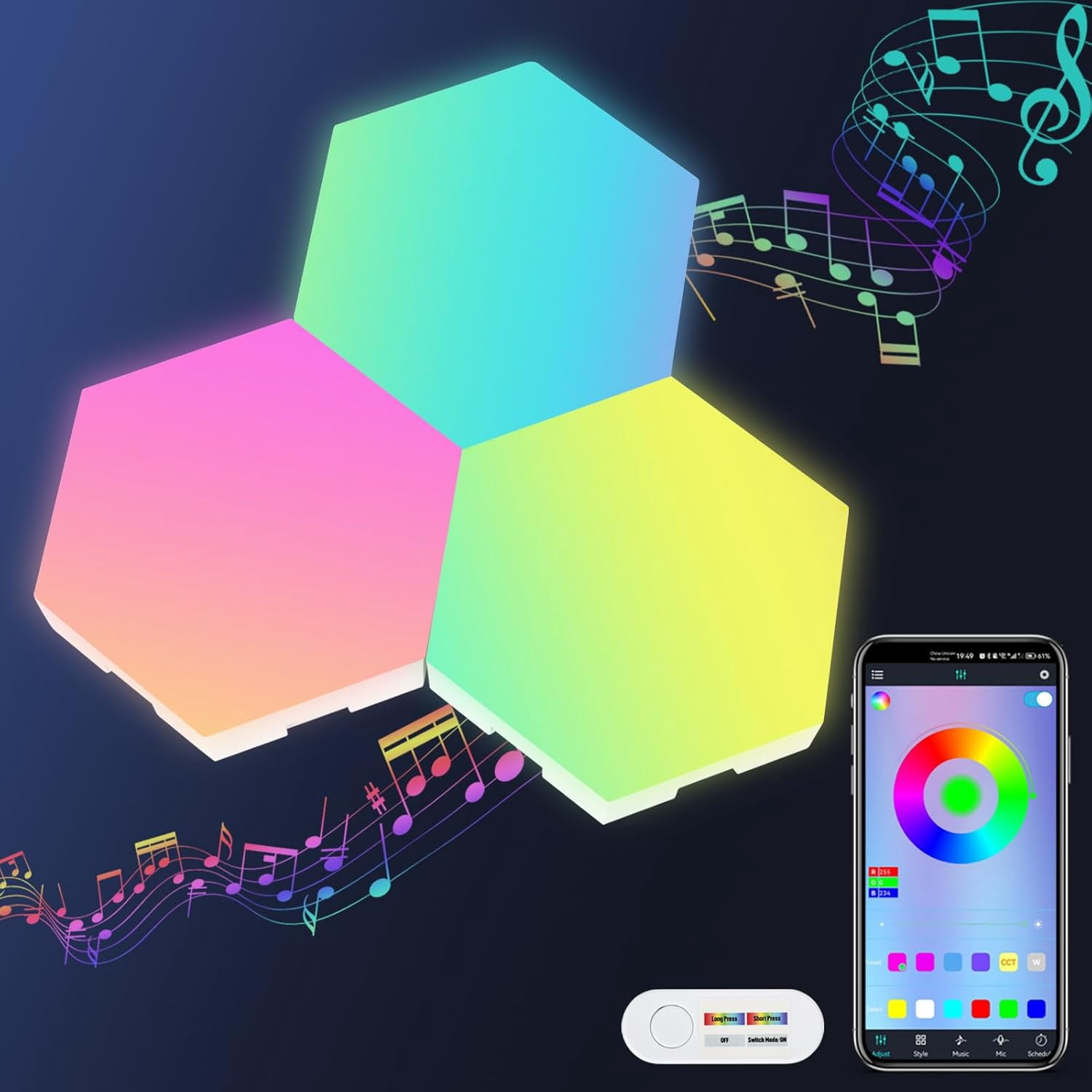 3Pcs Hexagon LED Wall Lamp APP Remote Control Honeycomb Home Decor ...