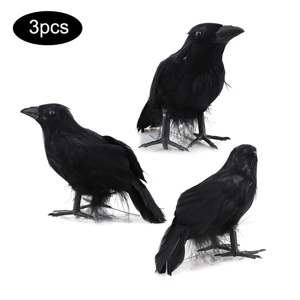 3Pcs Hunting Realistic Black Feathered Raven Halloween Decor Scary Prop ...