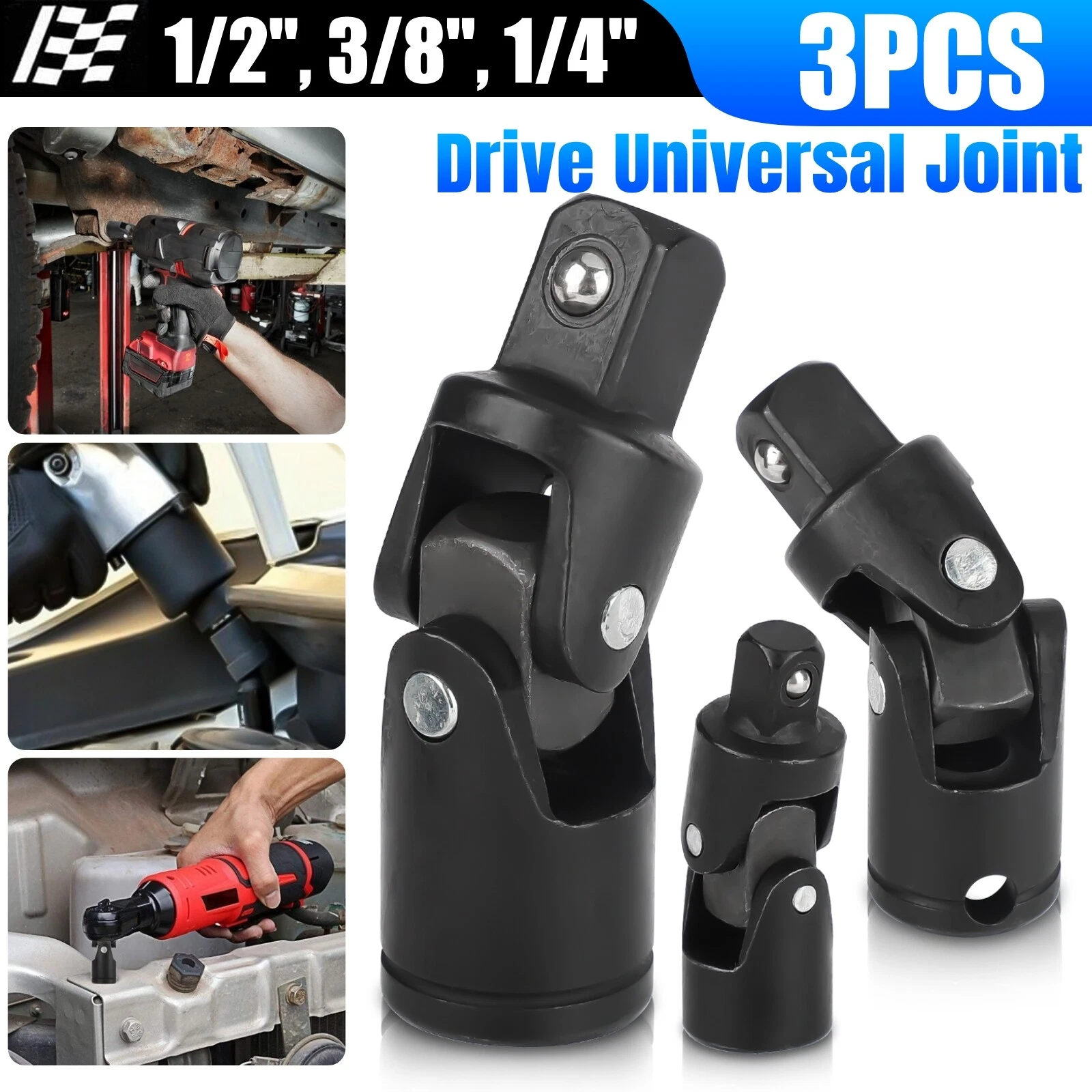 3Pcs Impact Universal Joint Socket Swivel Set 1/4" 3/8" 1/2" Drive ...