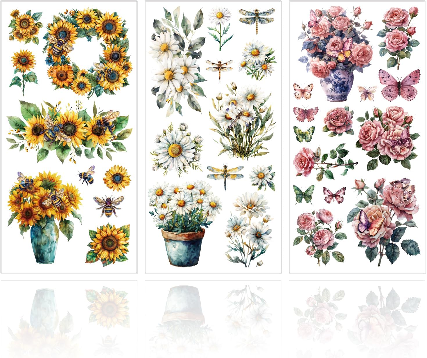 3Pcs Insect Flower Furniture Transfer 5.9x11.8inch Bee Butterfly Daisy ...