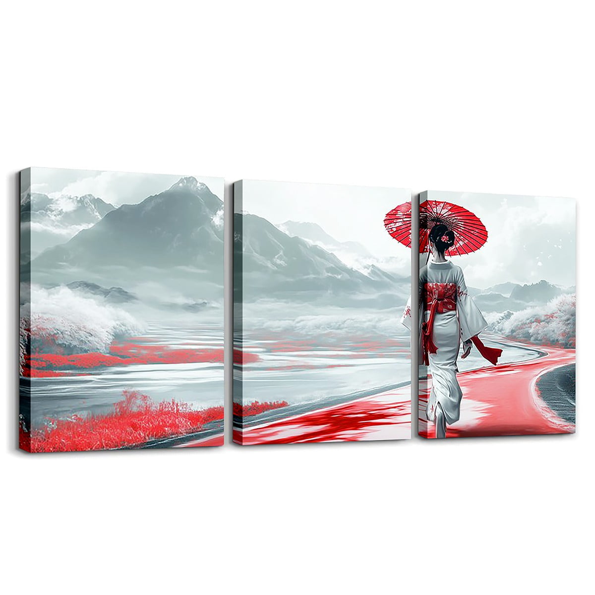 3Pcs Japanese Geisha Canvas Wall Art Japanese With Red Umbrella Framed ...
