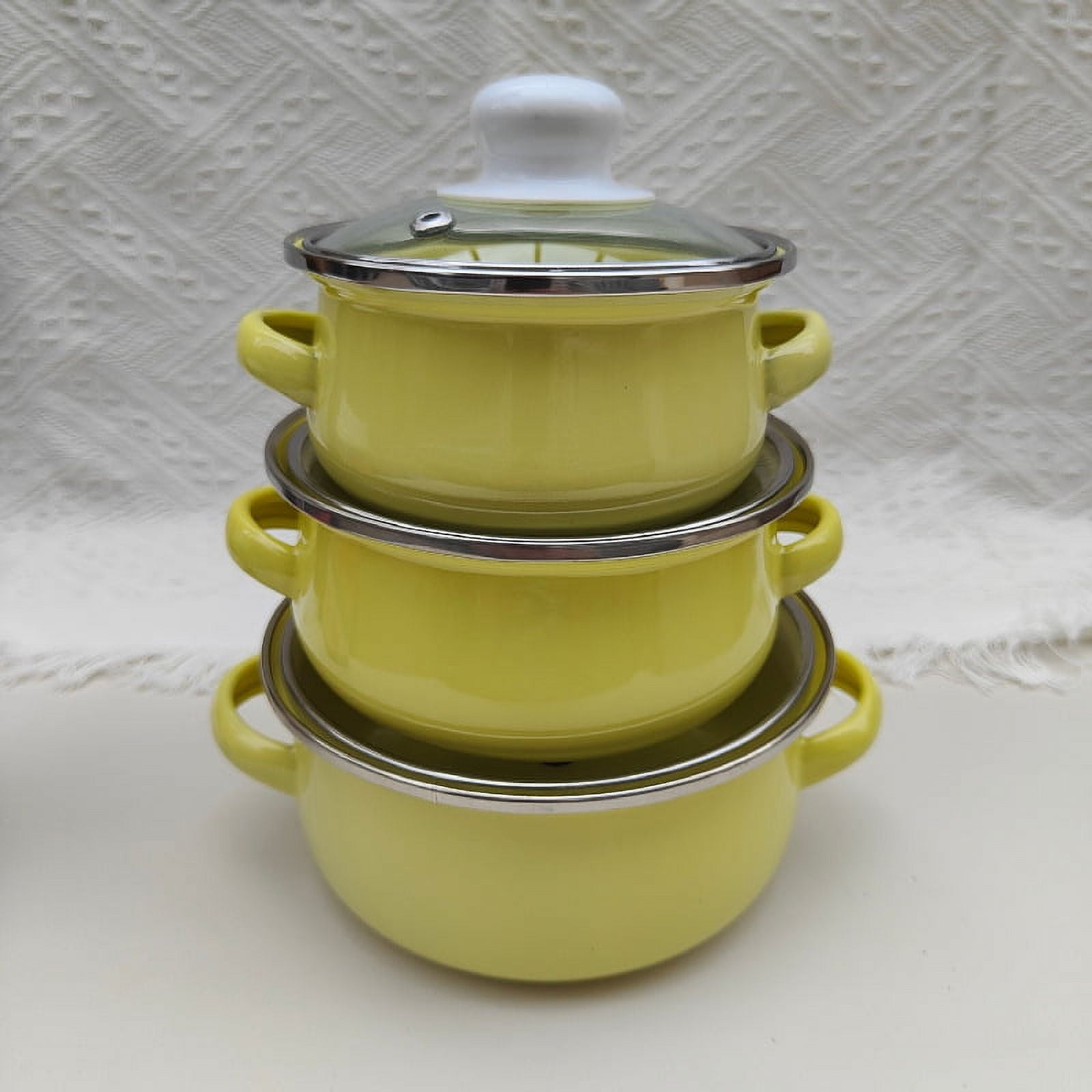 3Pcs Kitchen Pot Multi-use Enamel Cooking Pot Double Handles Soup Pot ...