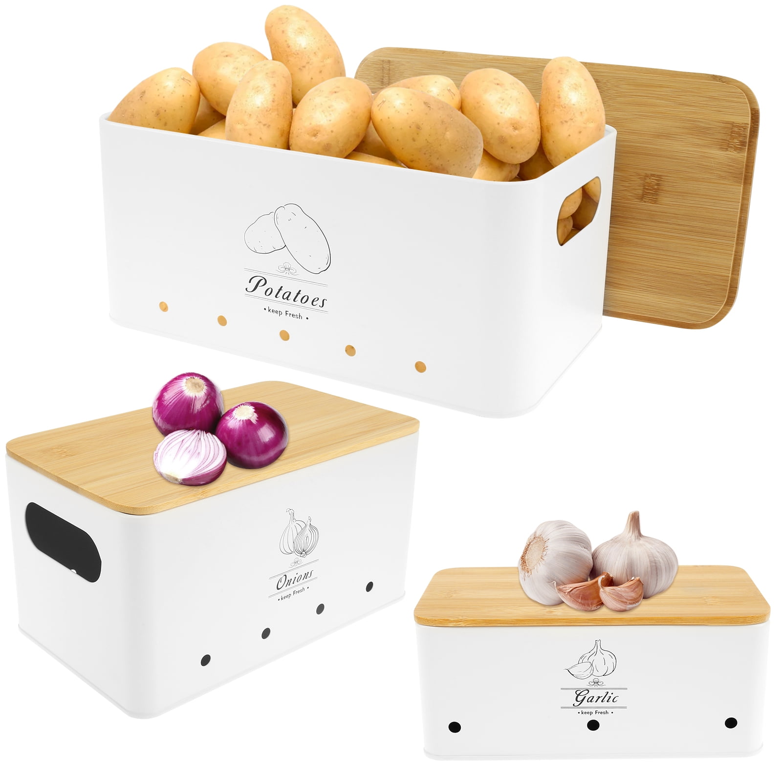 3Pcs Kitchen Vegetable Storage Tin Potato and Onion Storage Bin with ...