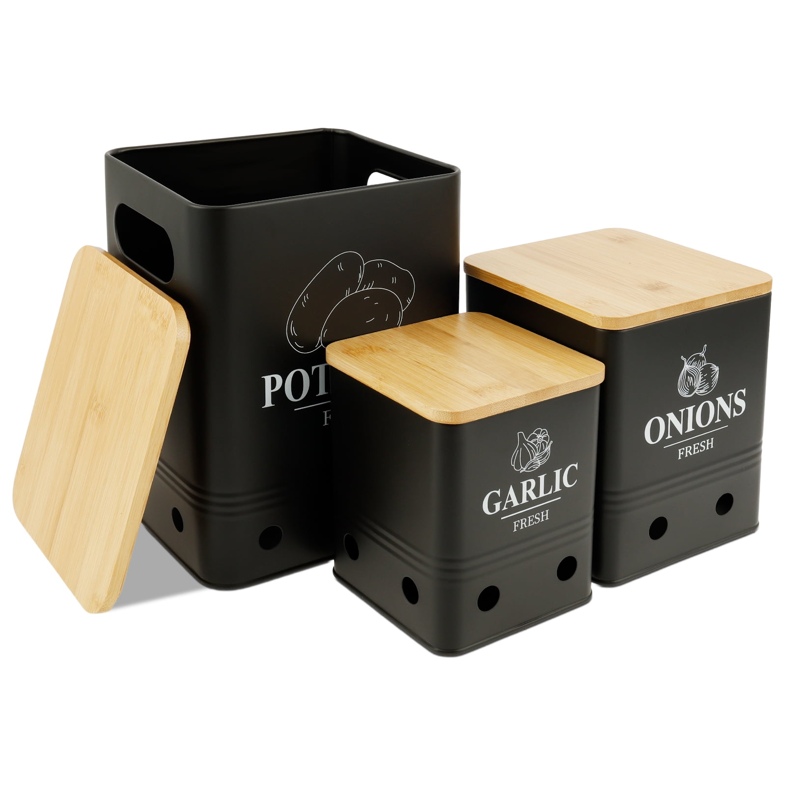 3Pcs Kitchen Vegetable Storage Tin Set 3 Size Stackable Garlic Onions ...