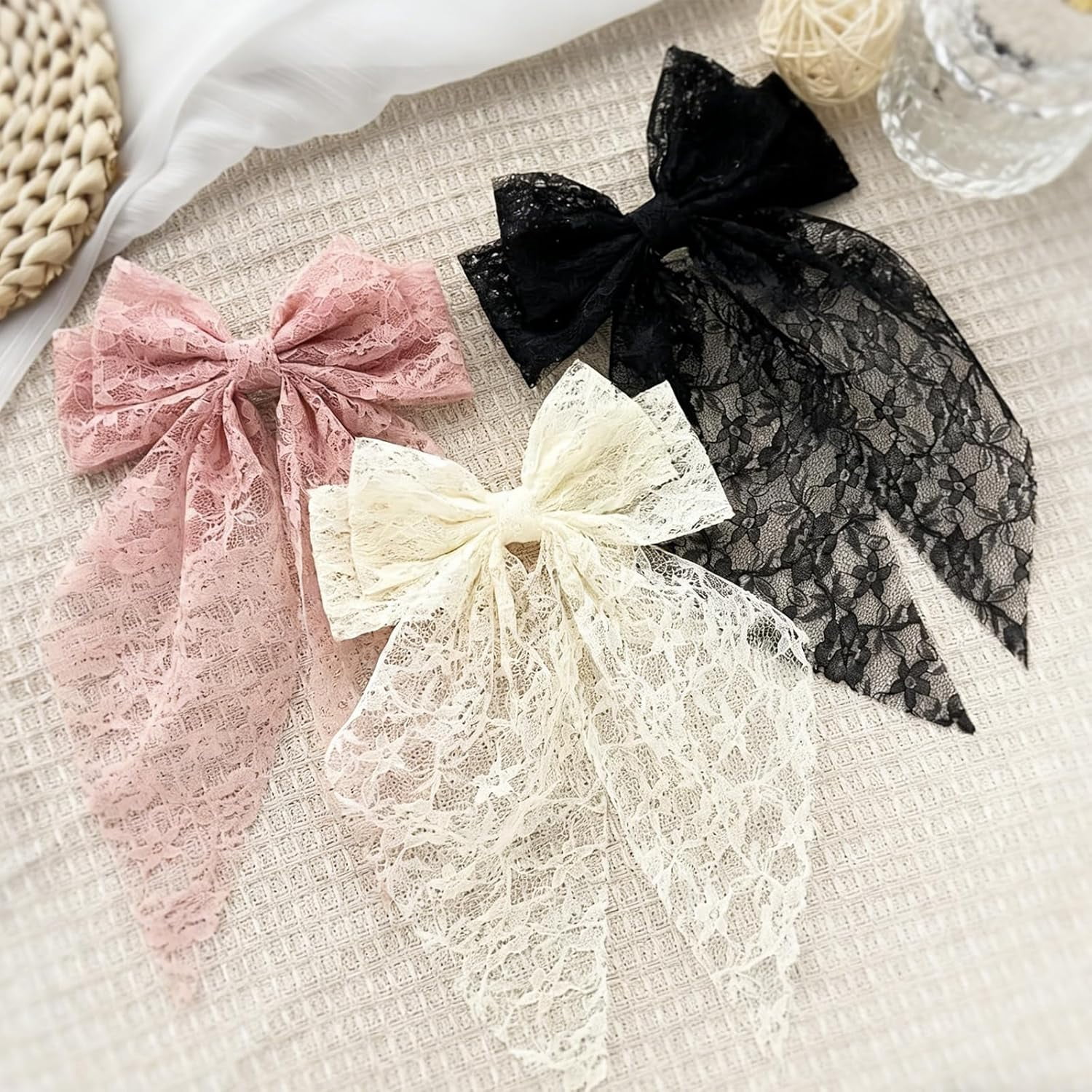3Pcs Lace Big Bow with Long Silky Satin, Soft Double-Layer Large Hair ...