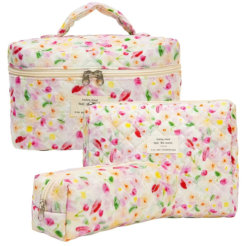 3Pcs Large Floral Quilted Makeup Bag Set, Portable Zipper Cosmetic ...
