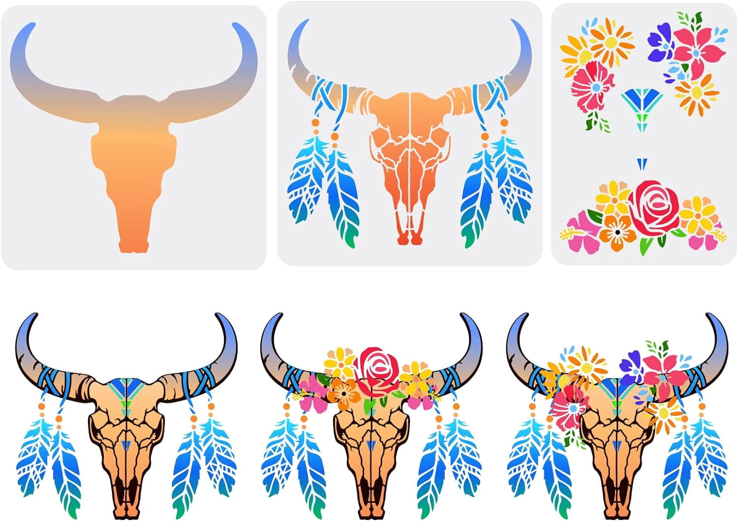 3Pcs Layered Cow Skulls Stencil Feathered Cow Skull Painting Template ...