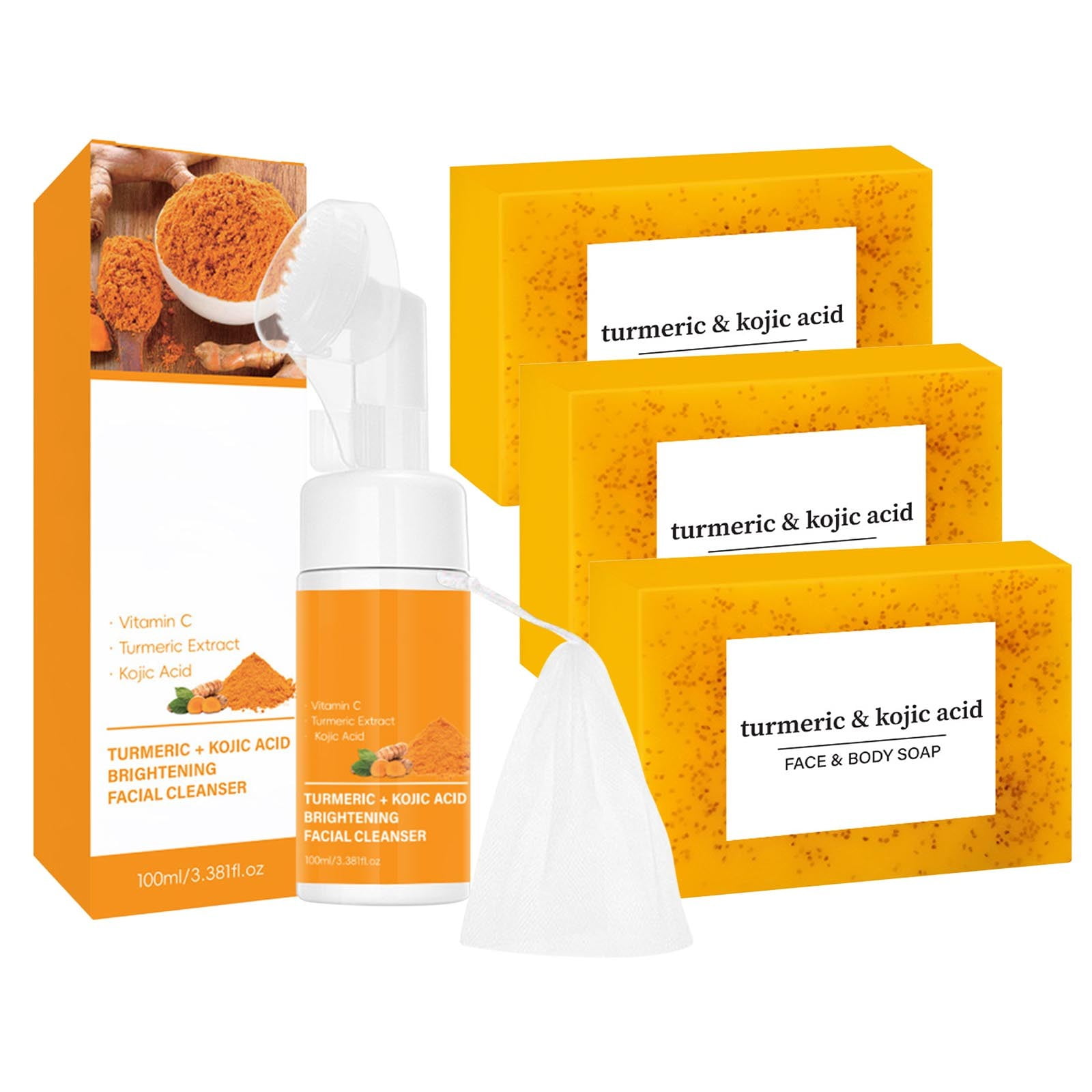 3Pcs Lemon Turmeric Kojic Soaps and Facial Cleaner Set, Natural ...