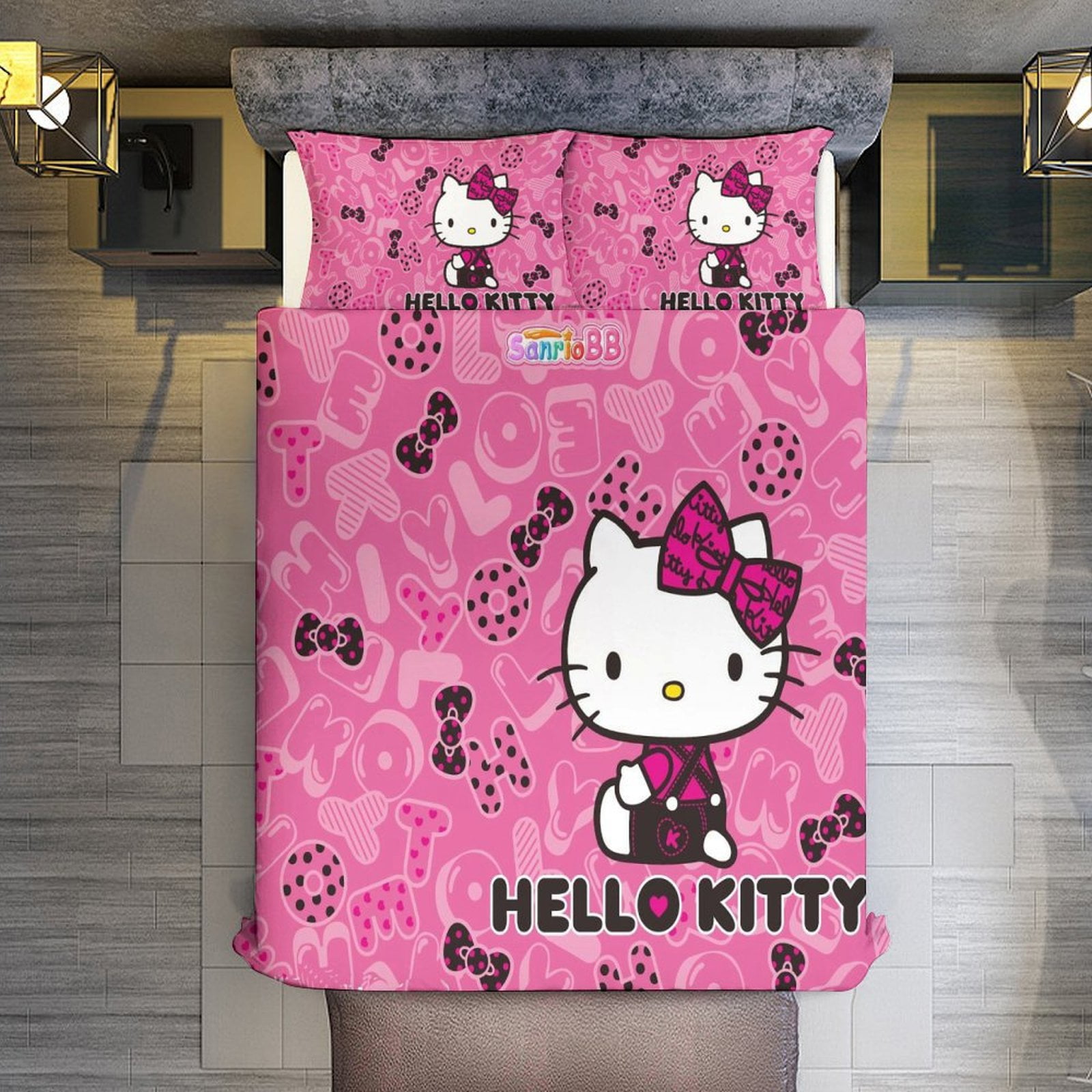 3Pcs Letter Hello Kitty Duvet Cover with 2 Pillowcases for Teens Girls ...