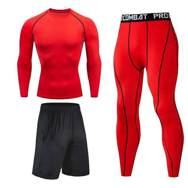 3Pcs Men's Compression Workout Clothes Long Sleeve Shirt Pants Shorts ...