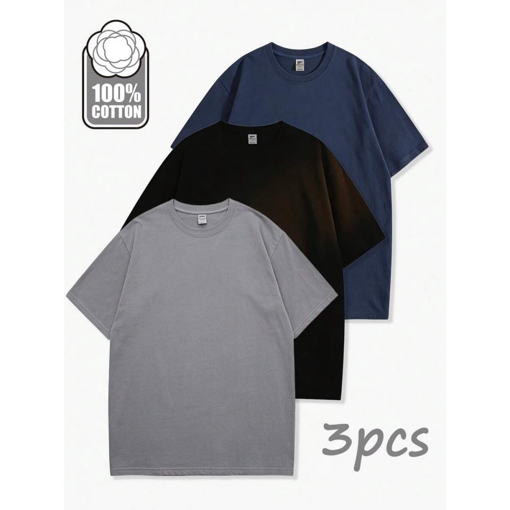 3Pcs Mens 100% Cotton T-Shirts: Black + Gray + Navy Blue — Casual Short ...