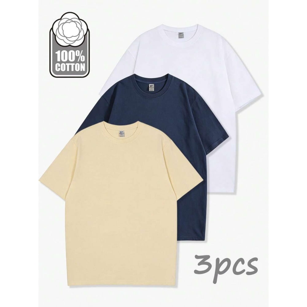 3Pcs Mens 100% Cotton T-Shirts: White + Navy Blue + Apricot — Casual ...