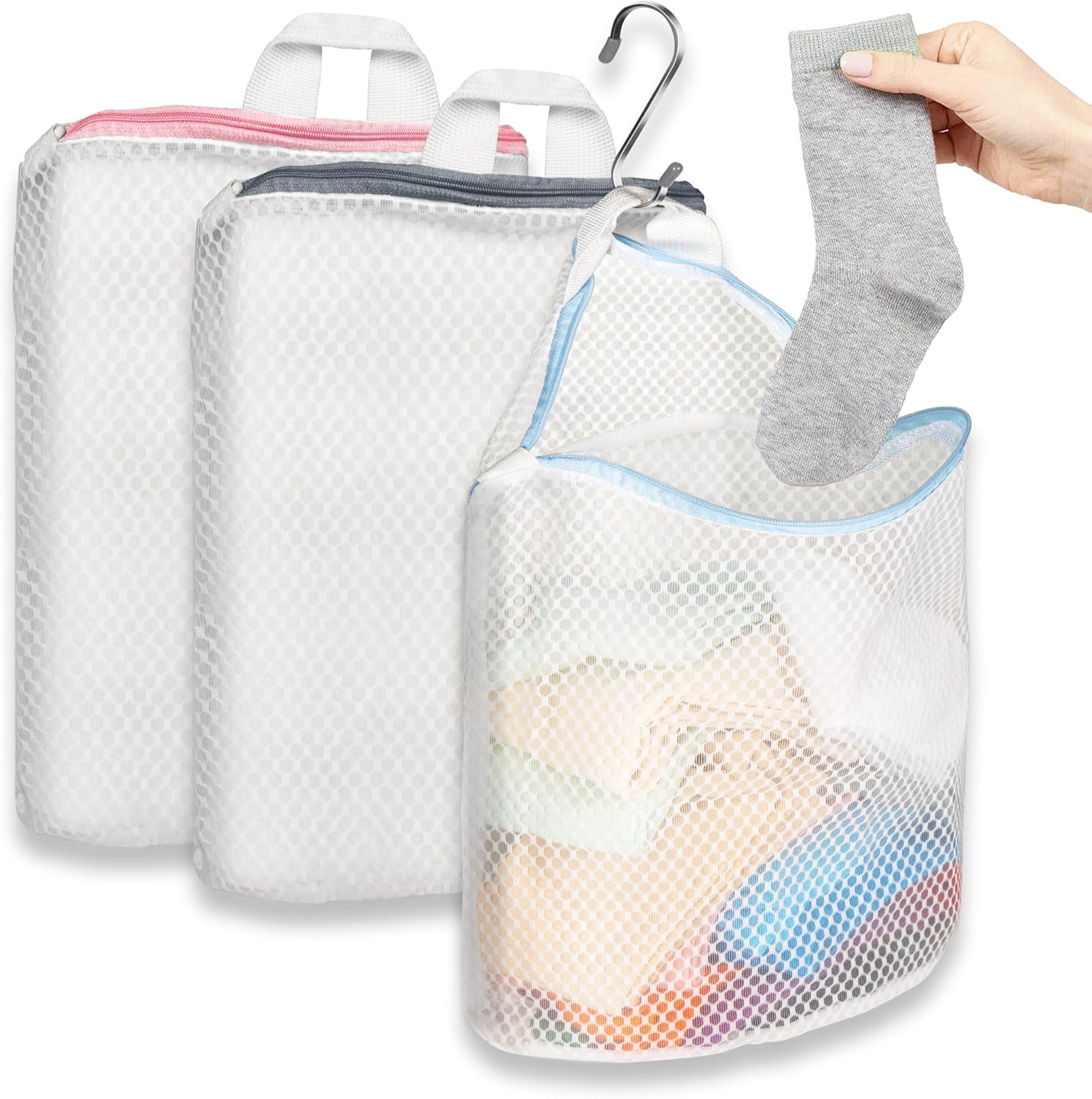 3Pcs Mesh Hanging Laundry Bags with S Hooks for Socks, 12 x 10 Inch ...