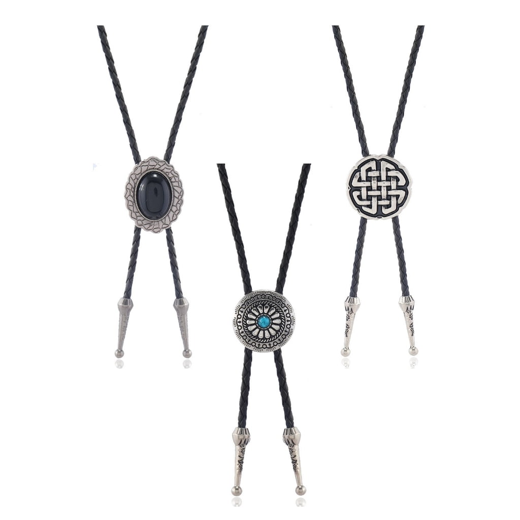 3Pcs Metal Flower Stone Pendant Cowboy Bolo Tie Western Faux Rope ...
