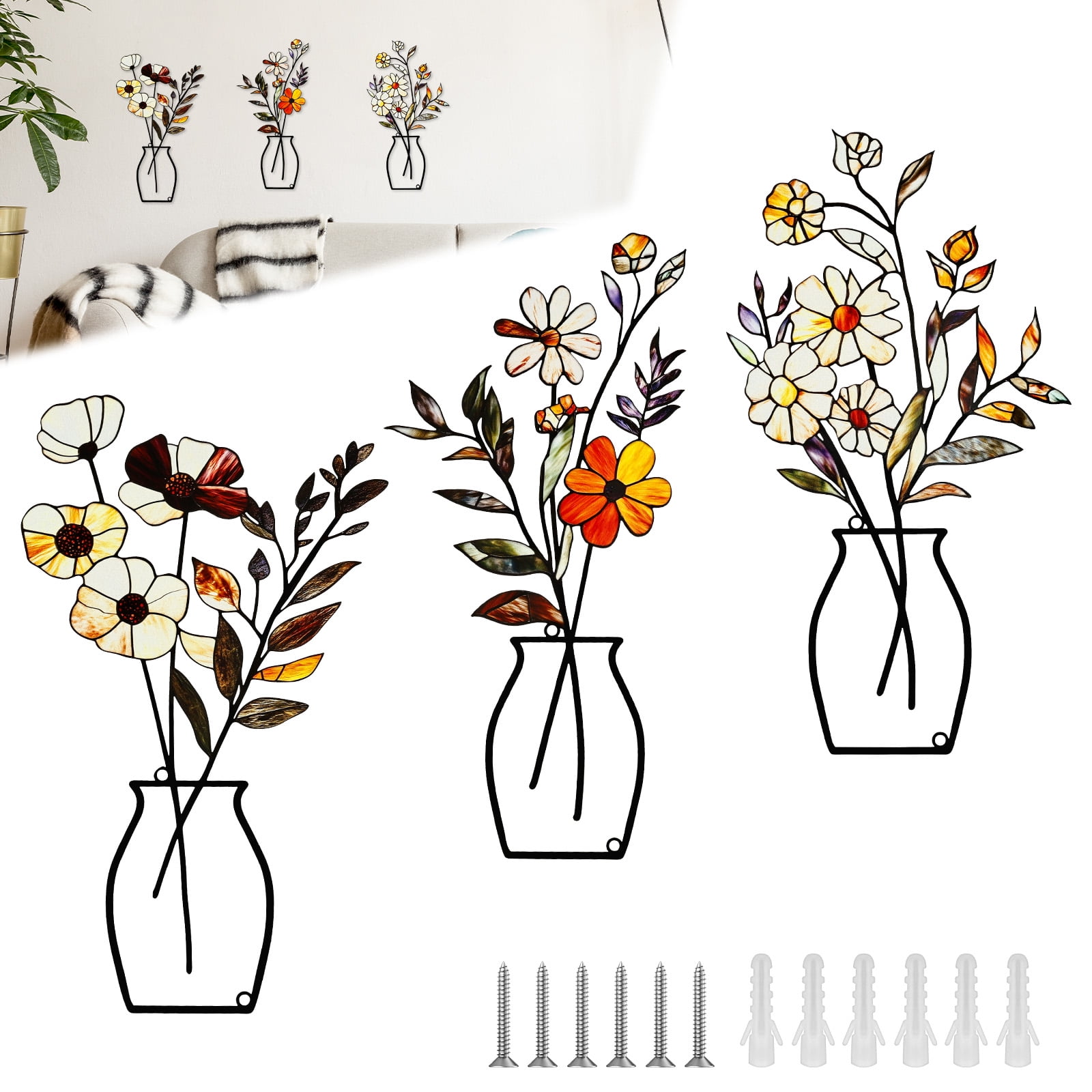 3Pcs Metal Flowers Wall Decor with Screws Decorative Metal Flower Wall ...
