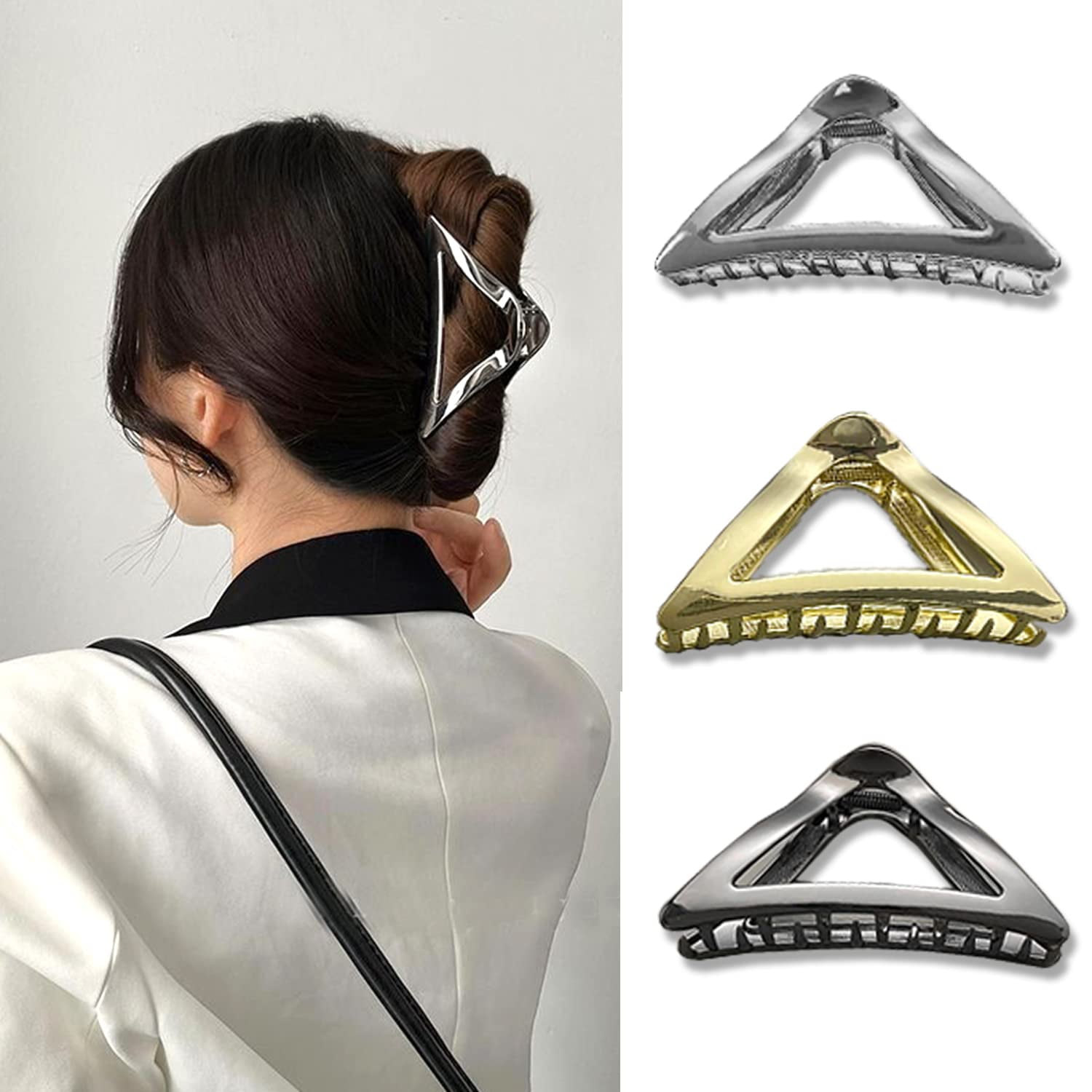 3Pcs Metal Hair Claw Clips for Thin Hair, Triangle Gunmetal/ Gold ...