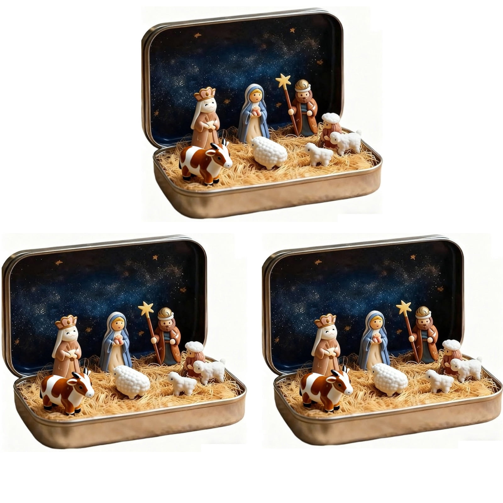3Pcs Mini Christmas Nativity Set in a Tin Box, Pocket Size Figure ...