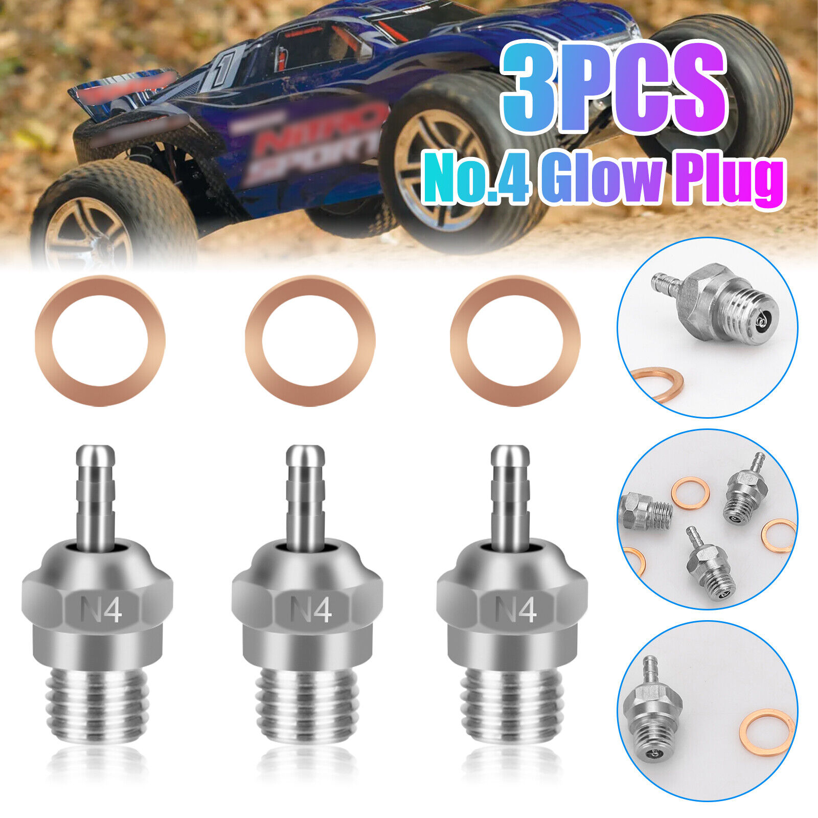 3Pcs N4 Glow Plug for Nitro RC Car 1/8 1/10 Traxxas 3232X T-Maxx 2.5 /3 ...