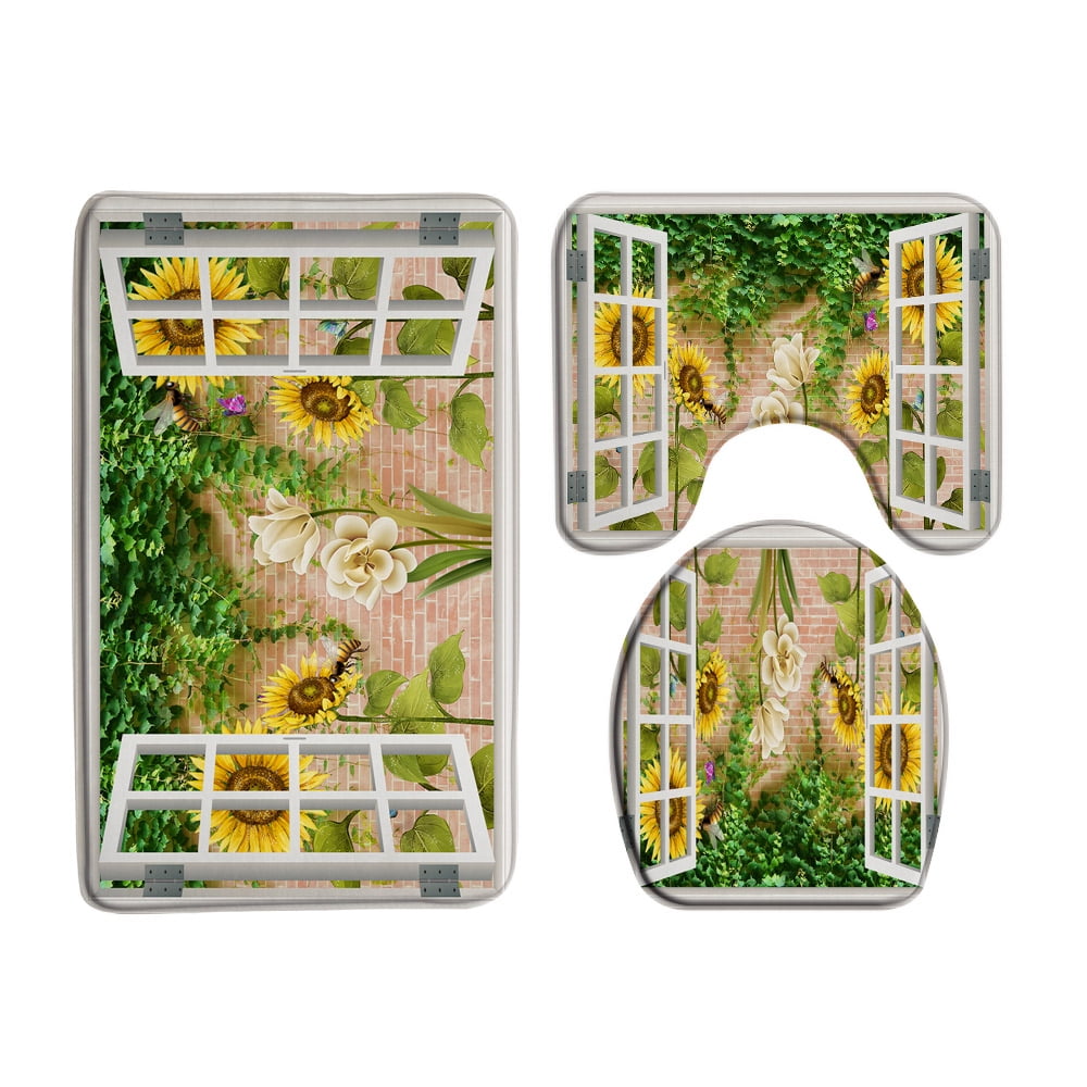 3Pcs Nature Scenery Bath Mat Set Flowers Blooming Garden Green Plant ...