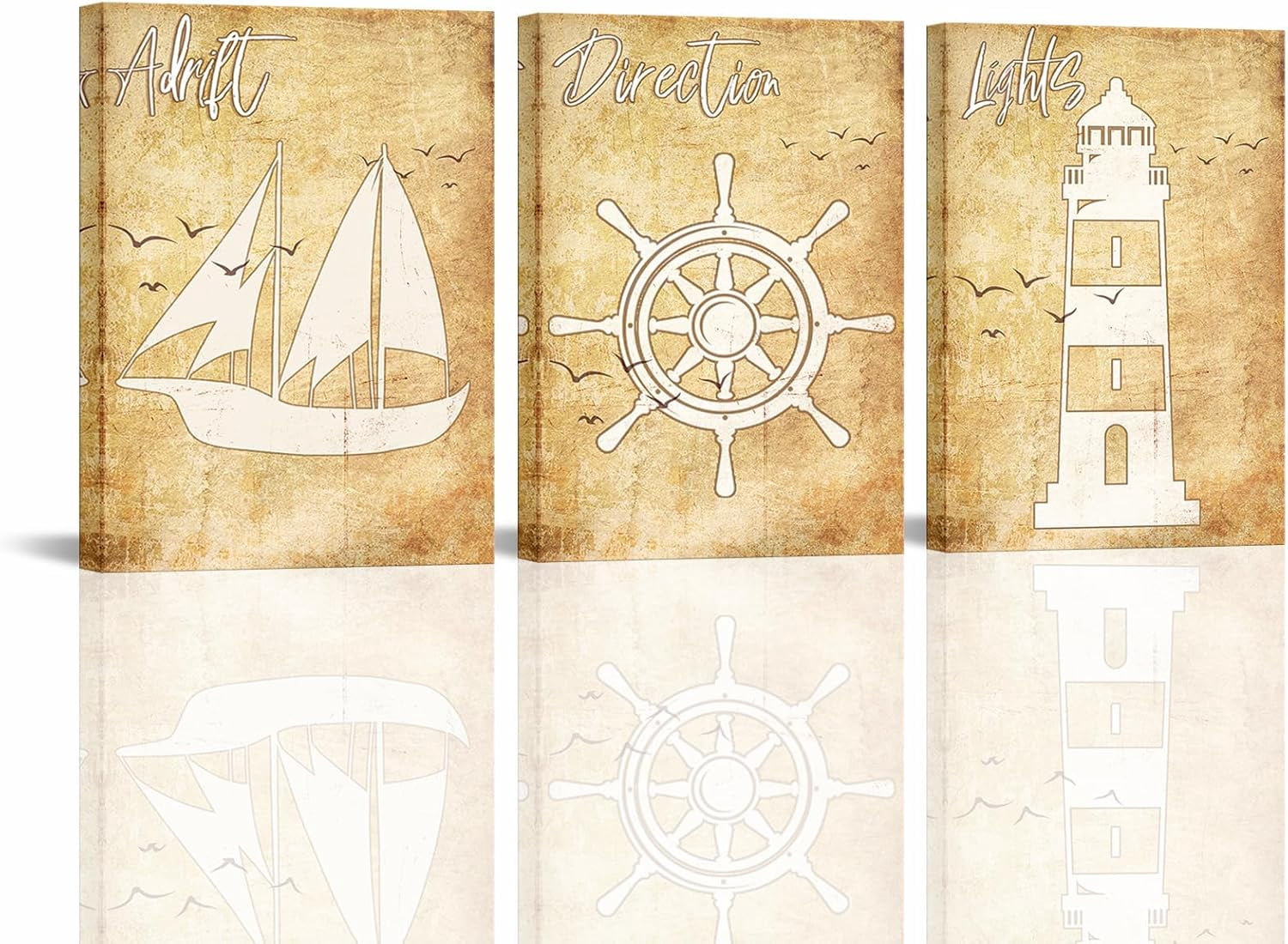 3Pcs Nautical Decor Canvas Wall Art, Sailboat Lighthouse Steering Wheel ...