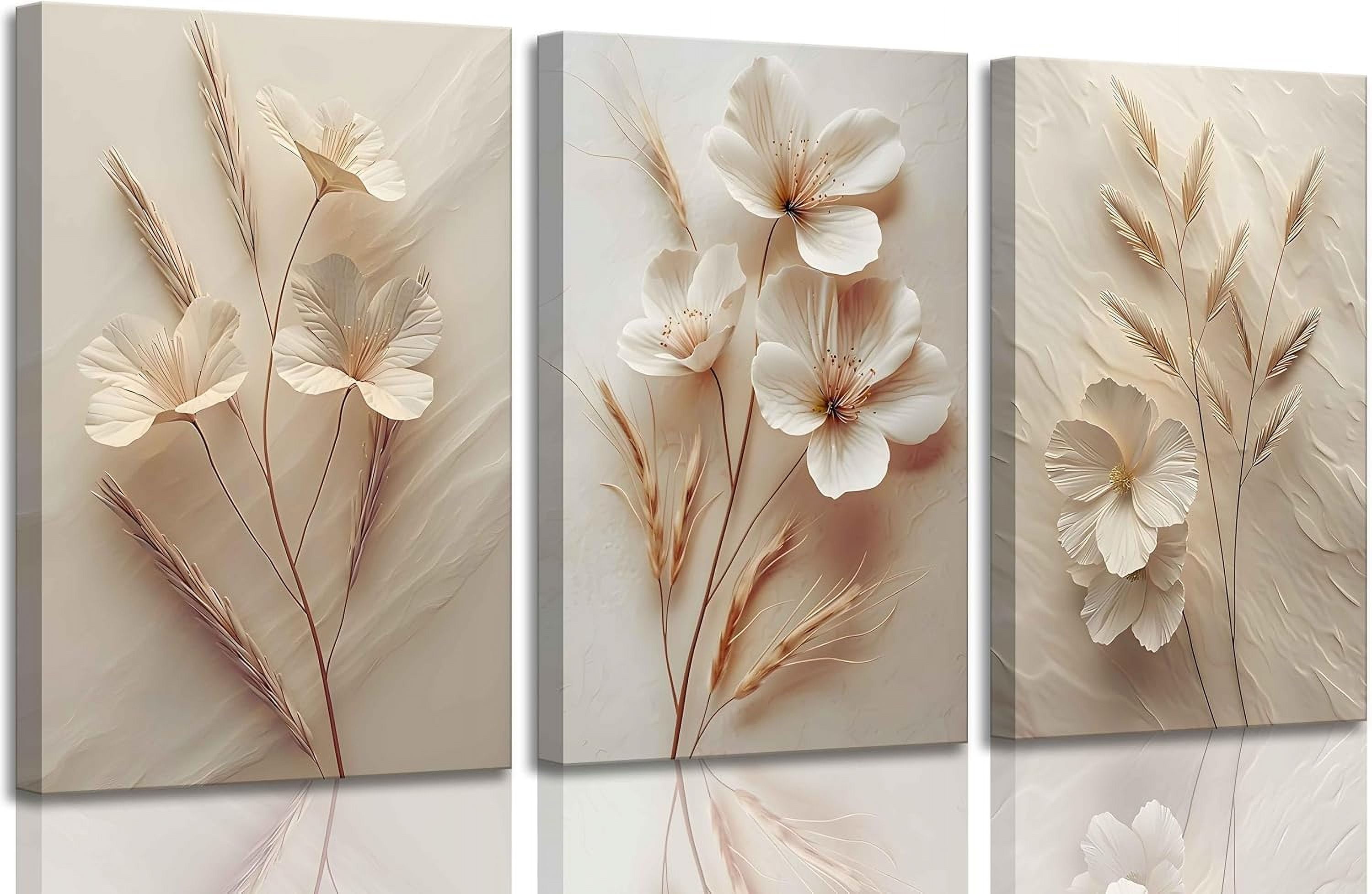 3Pcs Neutral Beige Floral Botanical Canvas Wall Art Modern Simple ...