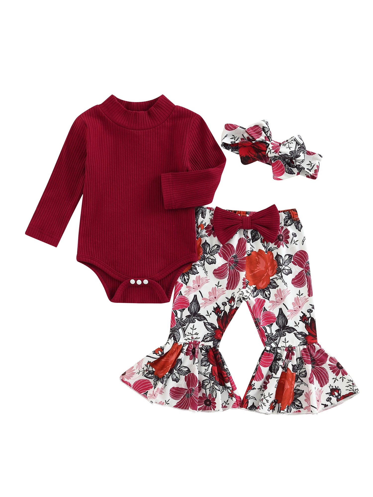 3Pcs Newborn Baby Girl Clothes Set Ribbed Long Sleeve Romper Bodysuit Floral Flare Pants ...