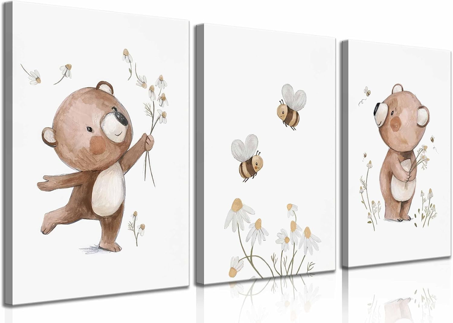 3Pcs Nursery Canvas Wall Art Cute Bear Bee Flower Spring And Summer ...