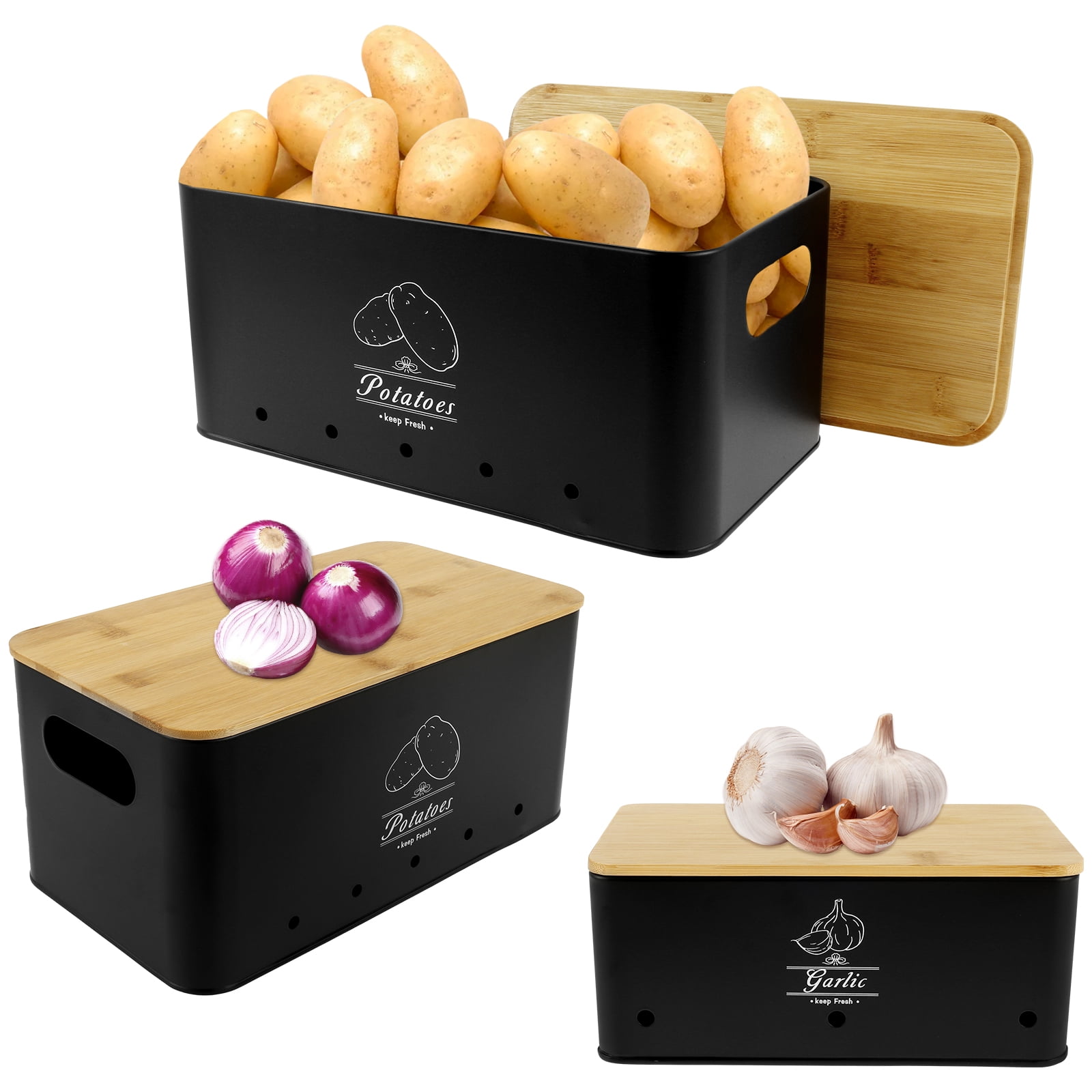 3Pcs Onion Garlic Potato Storage Box Set Carbon Steel Potato Onion ...