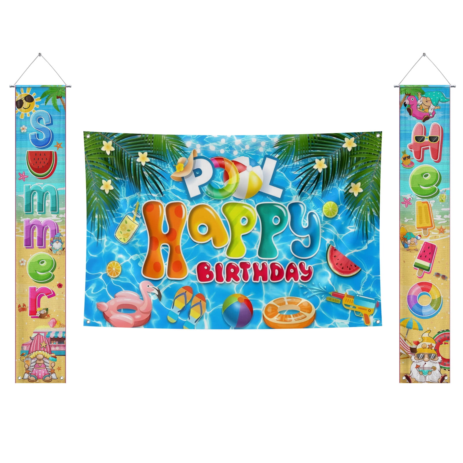3Pcs POOL HAPPY BIRTHDAY summer Banner Decorations Summer Backdrop ...