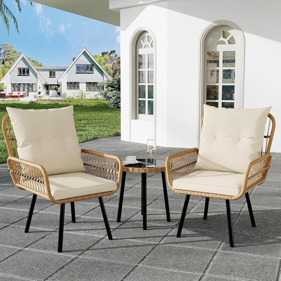3Pcs Patio Furniture Set with 2 Upholstered Rattan Chairs & Coffee ...