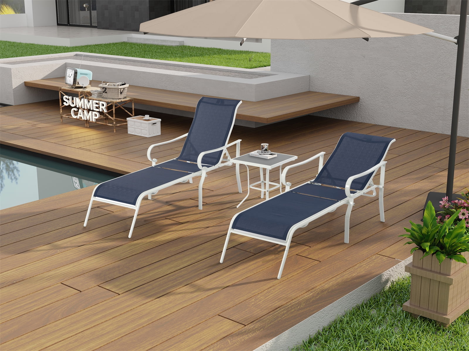 3Pcs Patio Lounge Chair, Outdoor Sunbathing Recliner with 5-Level ...