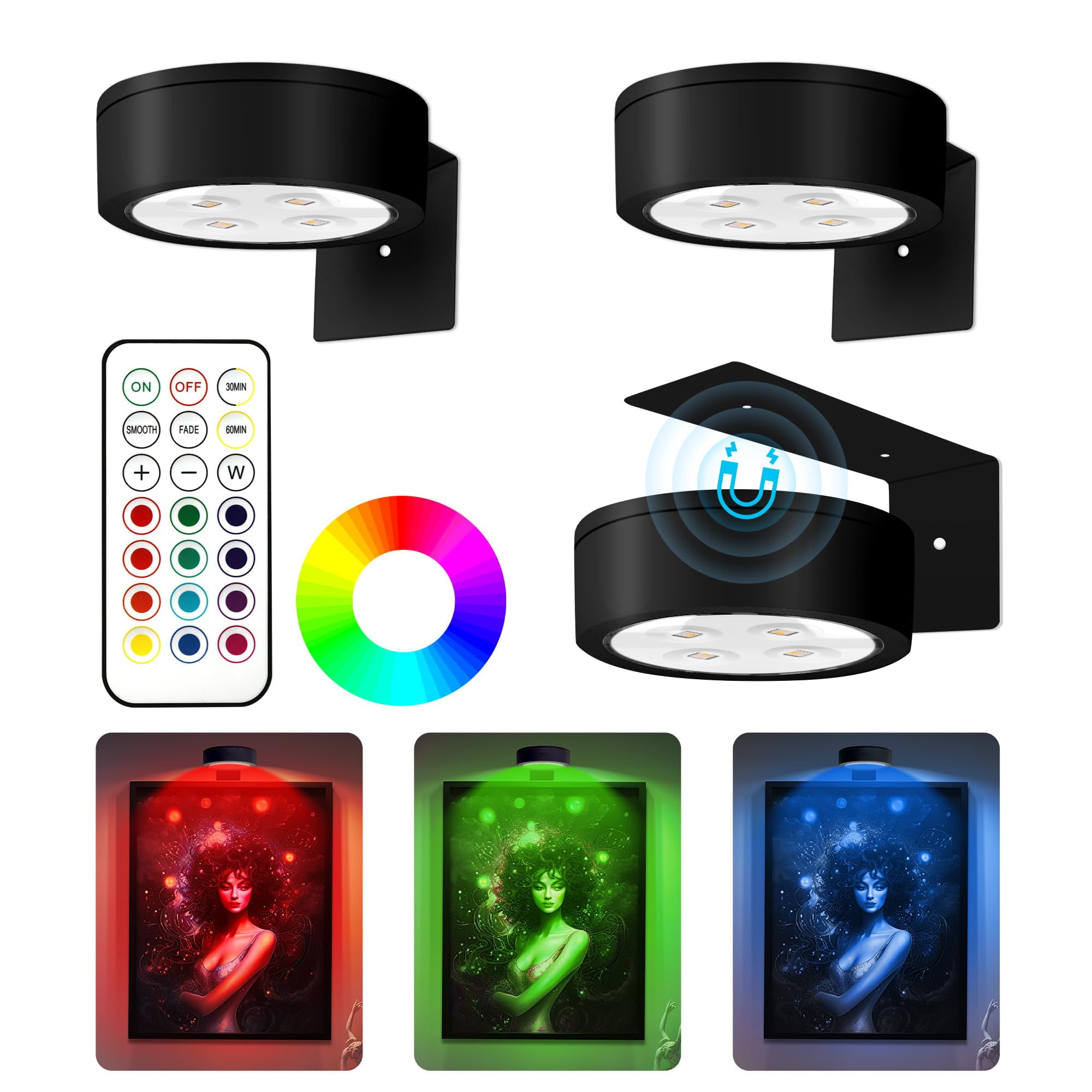 3Pcs Picture Light Battery Operated 13 RGB Color Magnetic Led Art ...