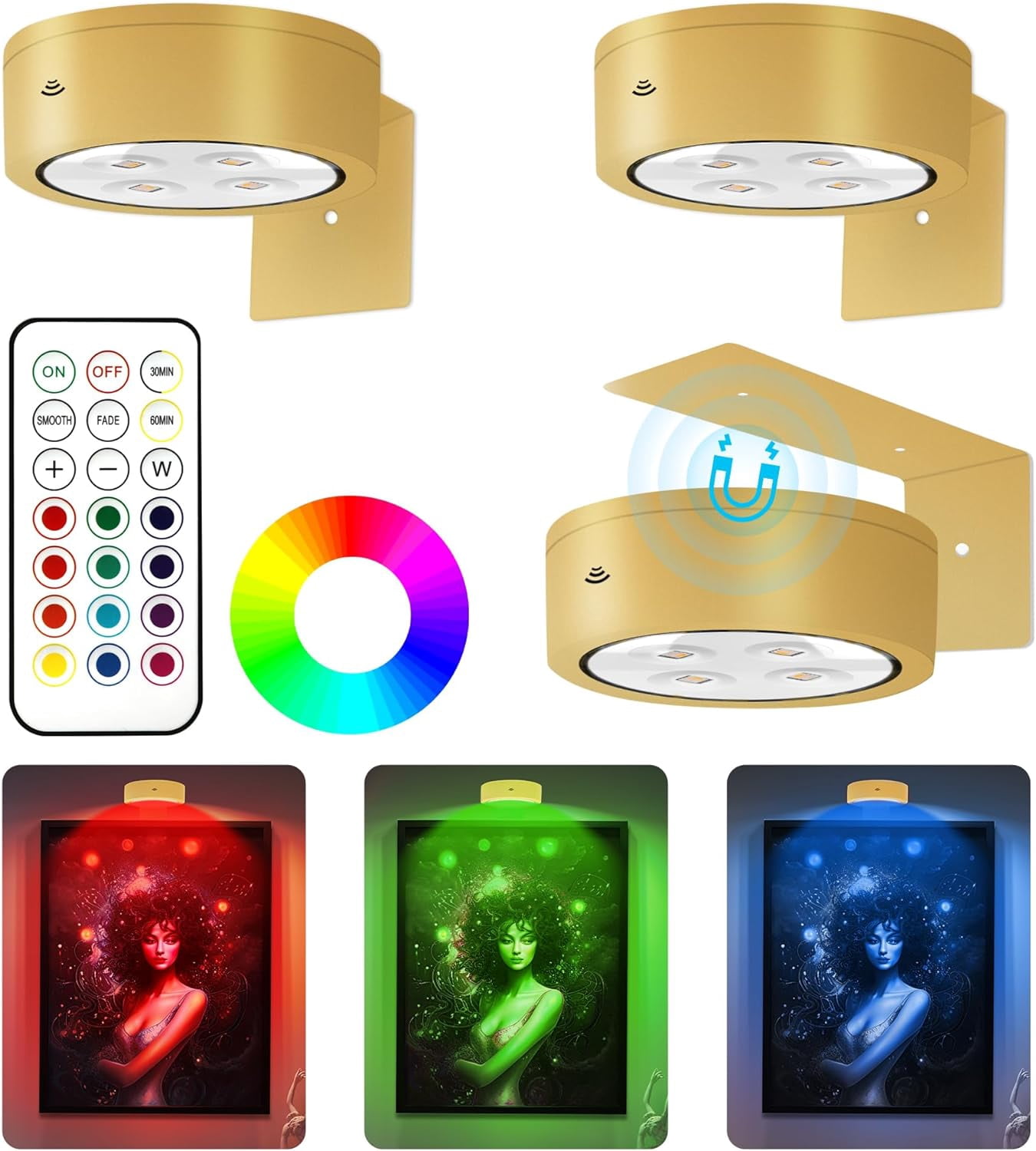 3Pcs Picture Light Battery Operated, 13 RGB Color Magnetic Led Art ...