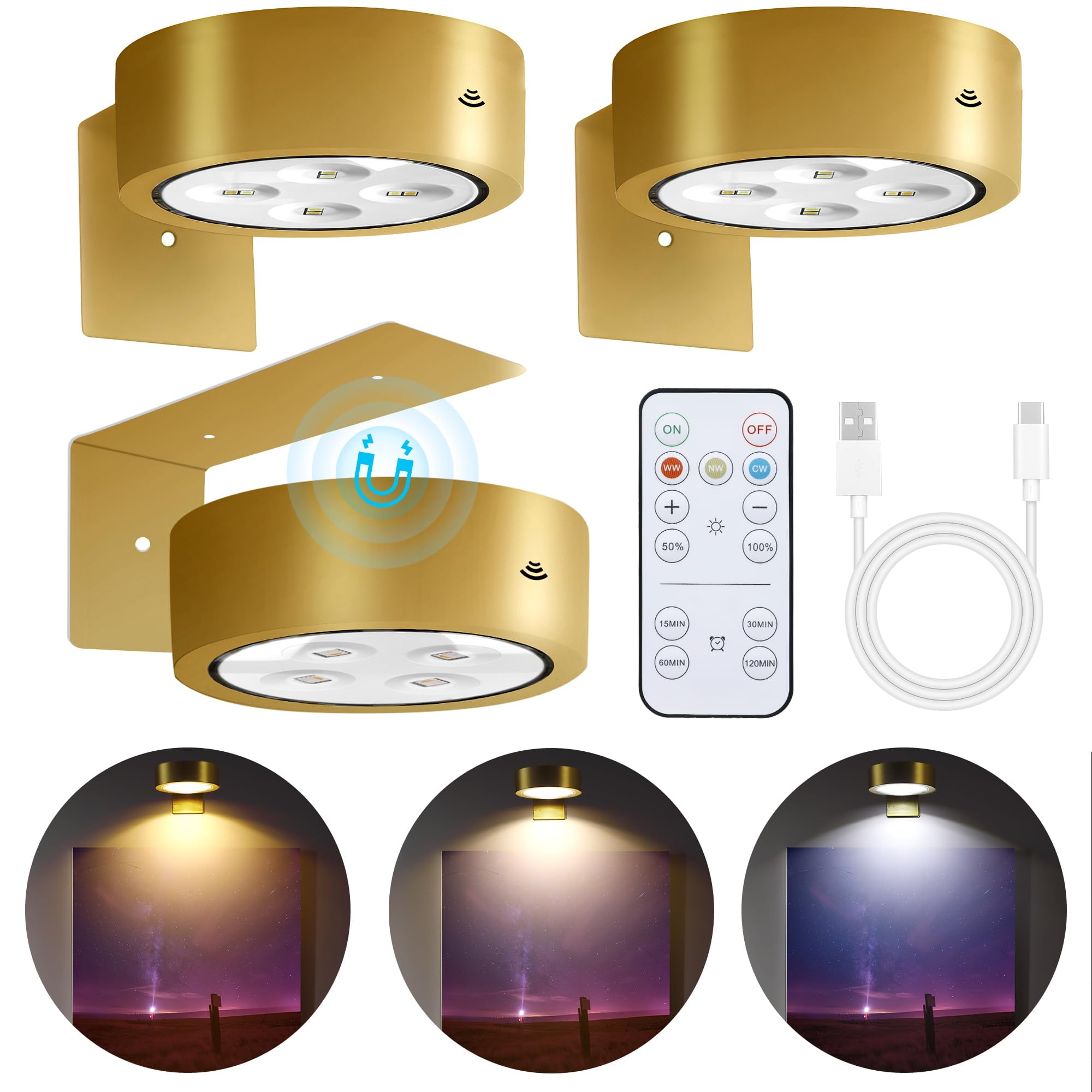 3Pcs Picture Lights for Wall, Rechargeable Battery Operated Led ...
