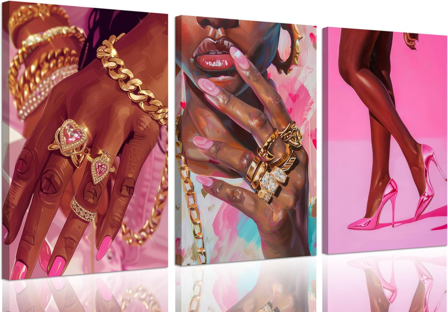 3Pcs Pink Fashion Black Girl Canvas Wall Art African American Black Woman Wall Decor Pictures ...