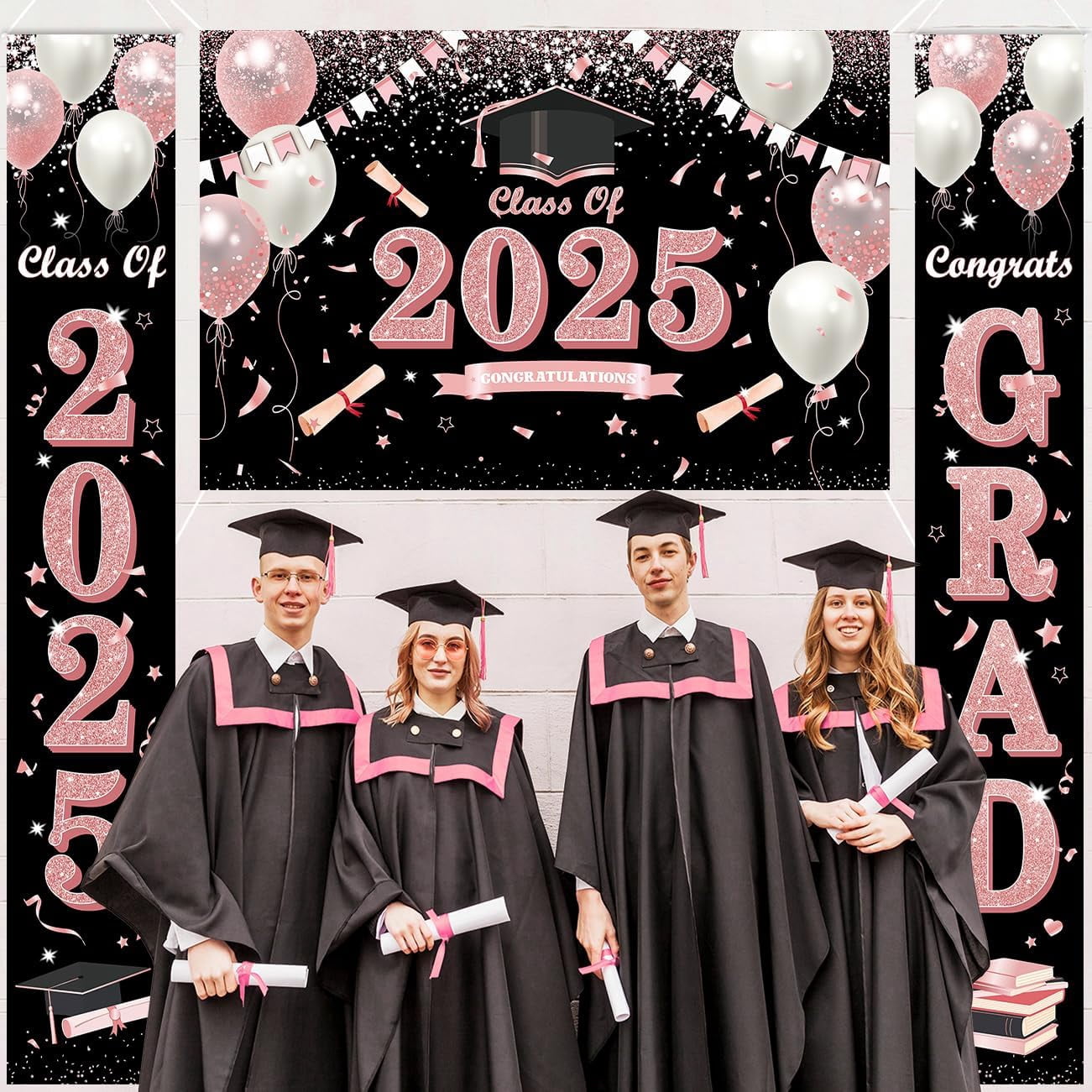 3Pcs Pink Graduation Banner Decorations Class of 2025 Backdrop Banner ...