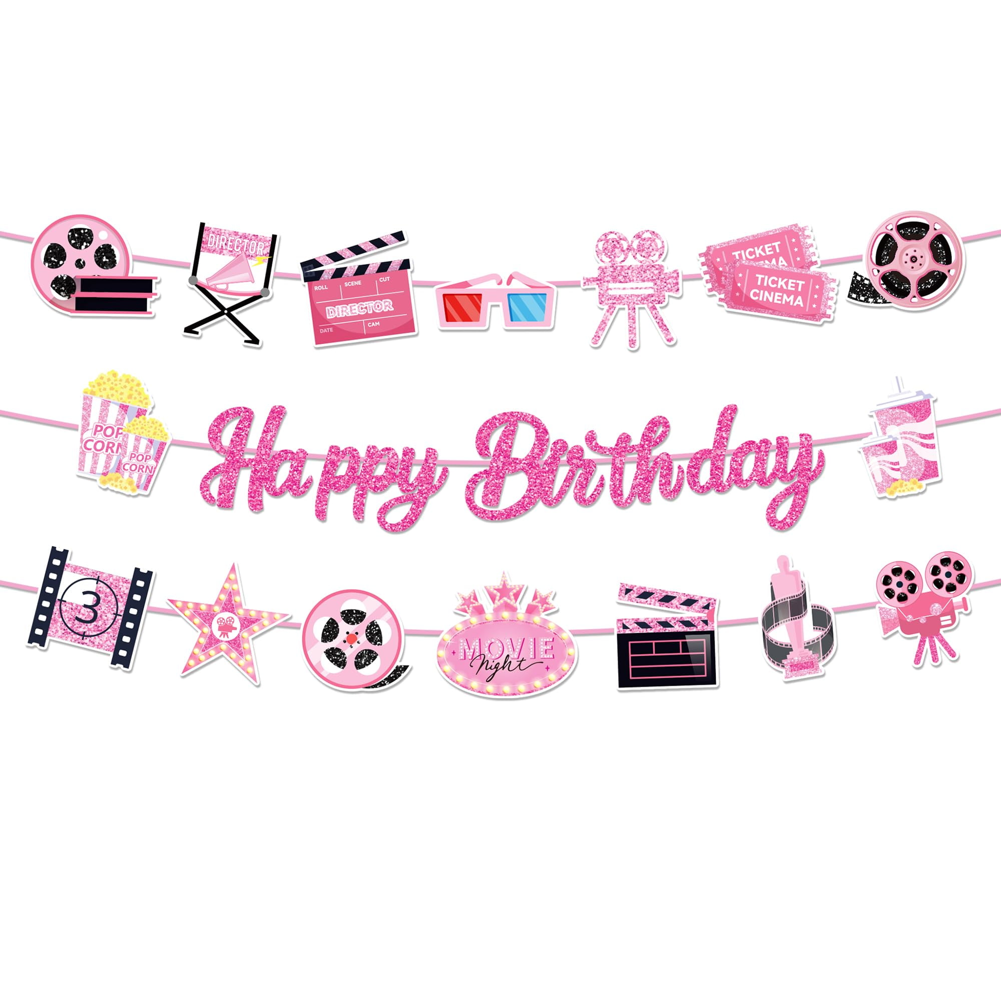 3Pcs Pink Movie CORNET Night Theme Happy Birthday Banner, Movie Signs ...