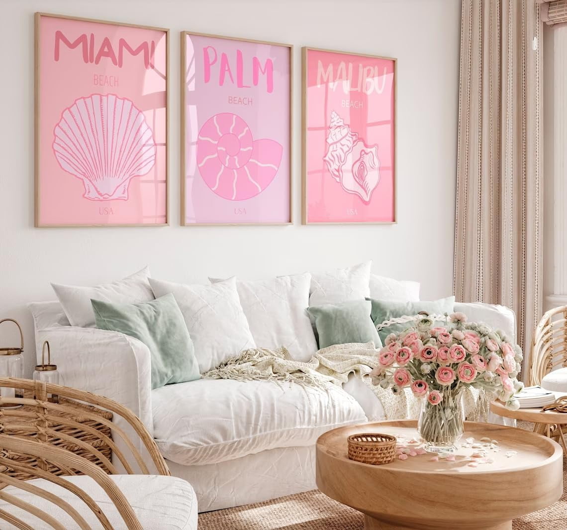 3Pcs Pink Preppy Canvas Wall Art Beach Posters Seashell Pictures Funny ...