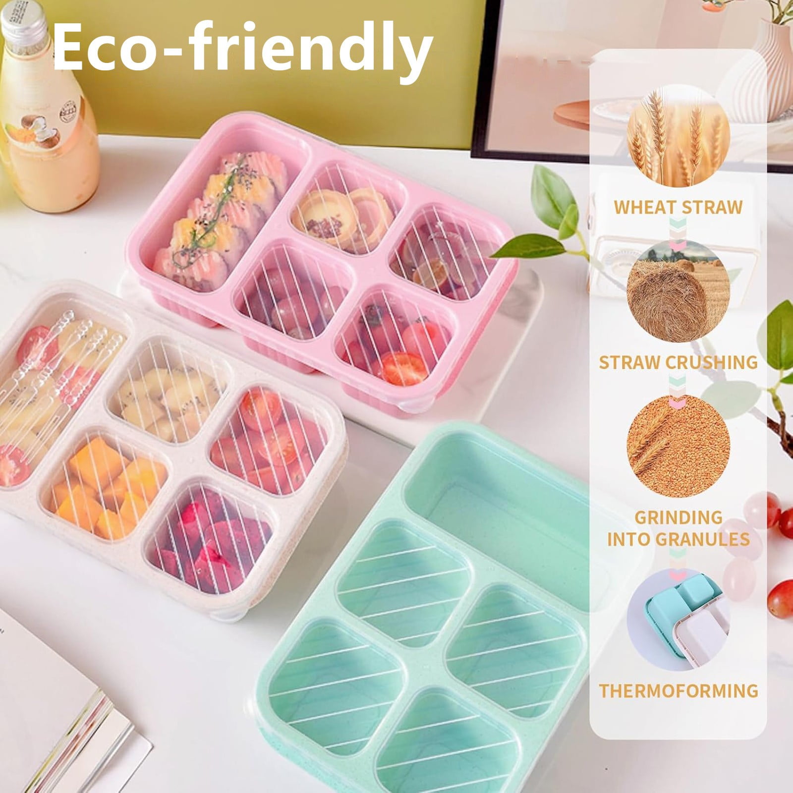 3Pcs Plastic 5 Compartments Reusable Bento Snackle Box Containers With ...